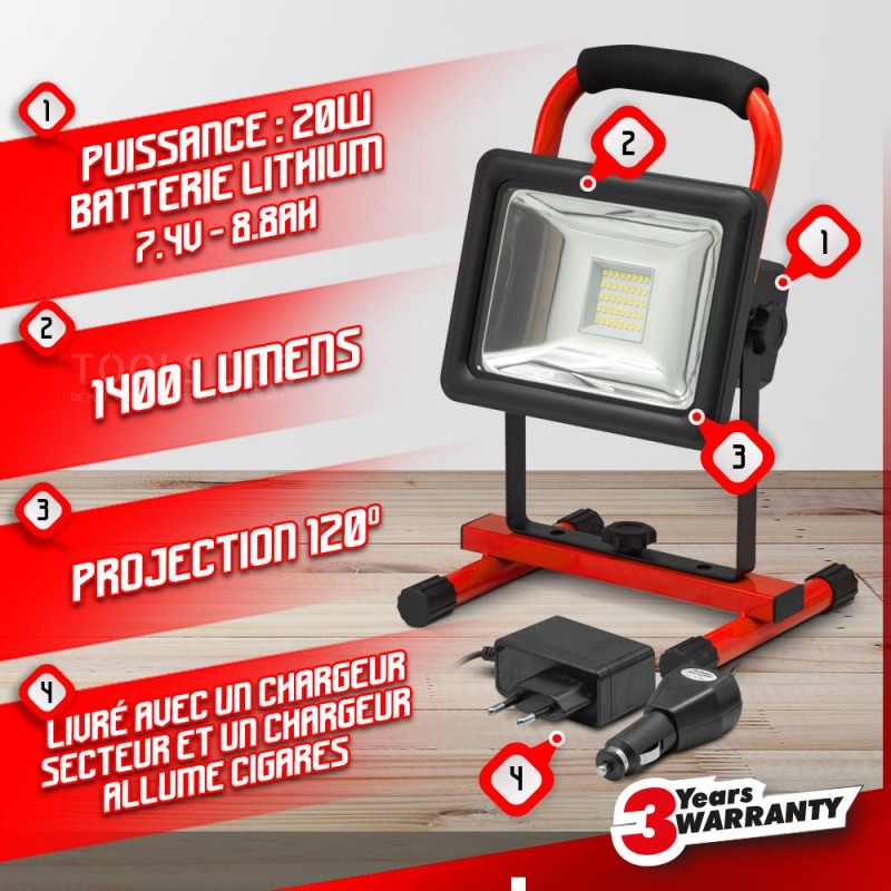 I-WATTS PRO Spot LED 20W rechargeable 7.4V - DC 12/24V - toolsidee.co.uk